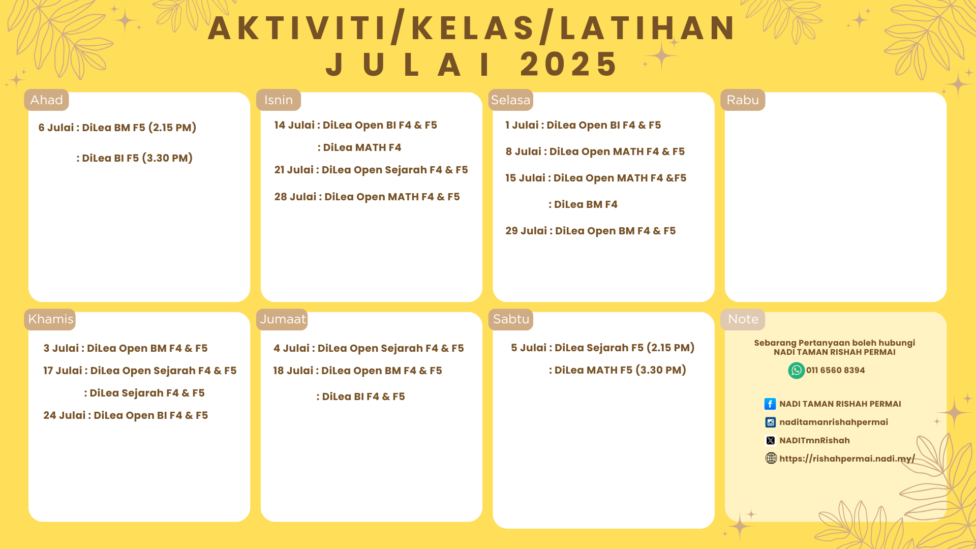 Jadual Kelas / Latihan & Aktiviti Bulan Julai 2025 – NADI Taman Rishah ...